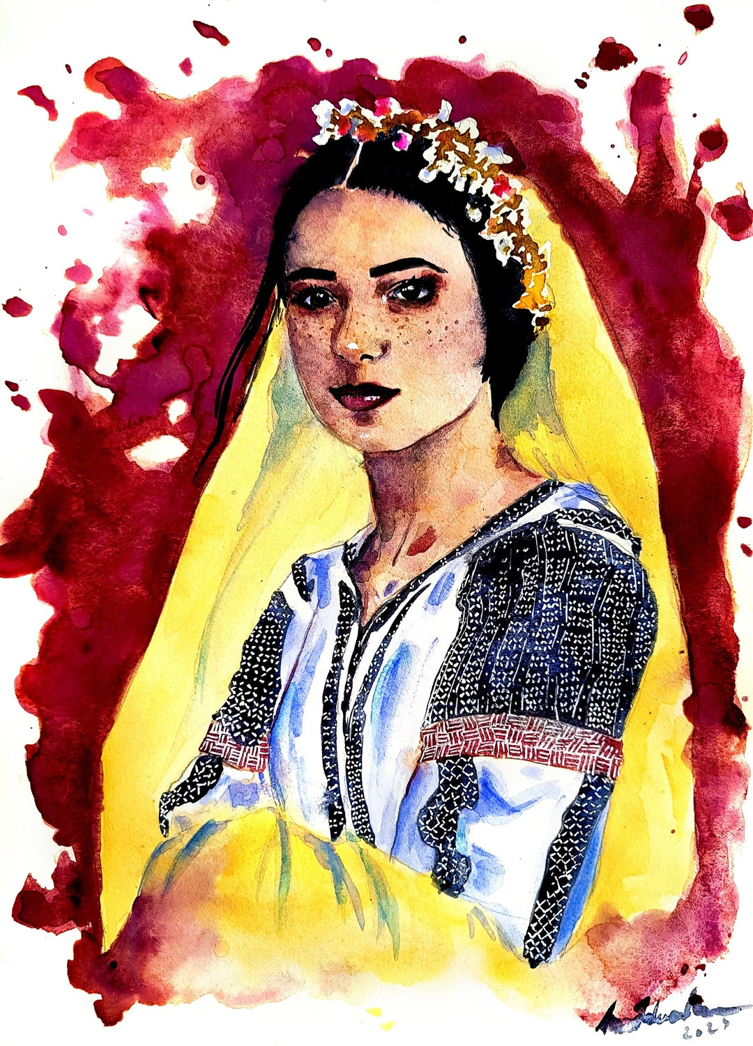 Romanian Girl Watercolor Portrait Art Print - Eastern European Folk Art ...