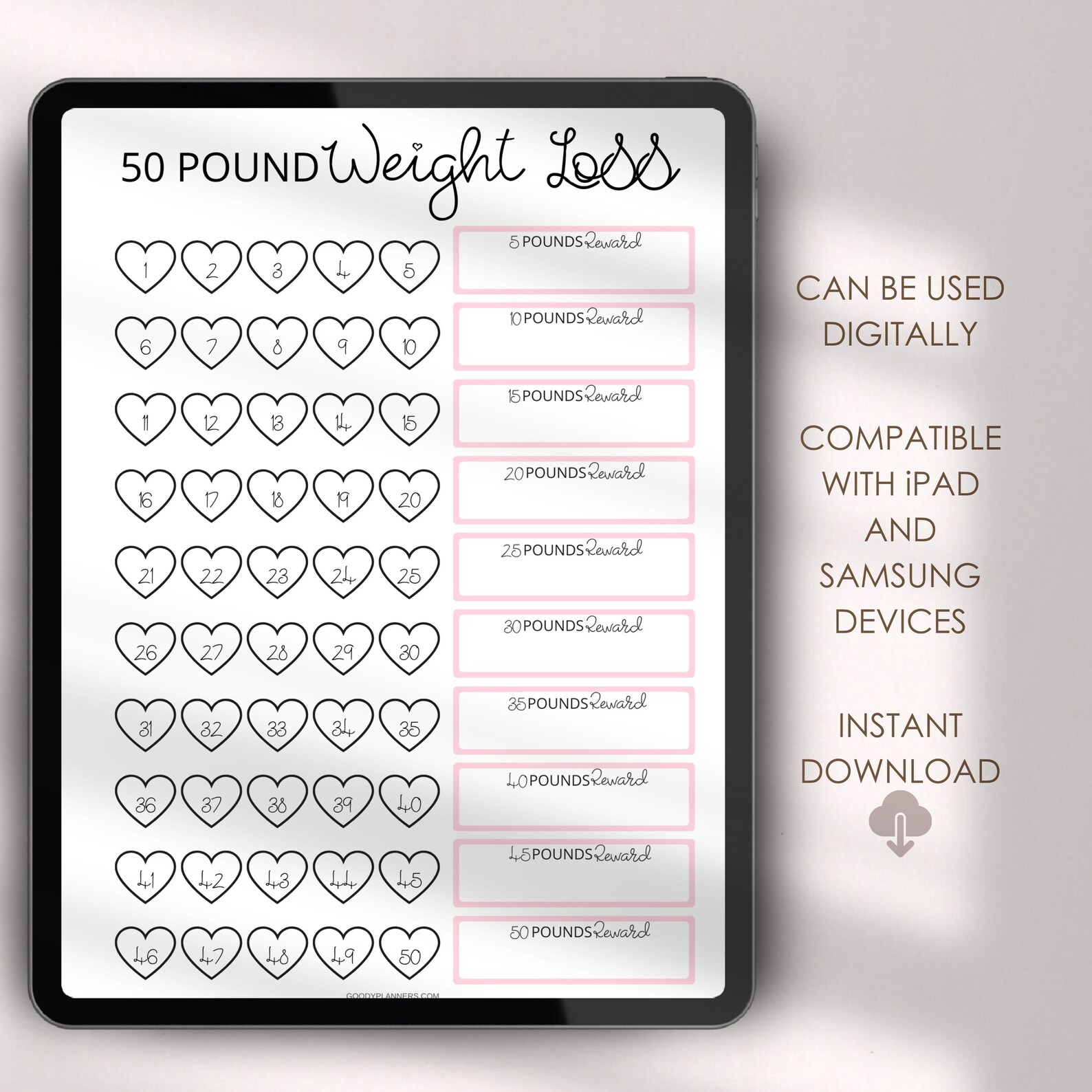50 Pound Weight Loss Tracker Printable: Pink Rewards Chart (digital ...