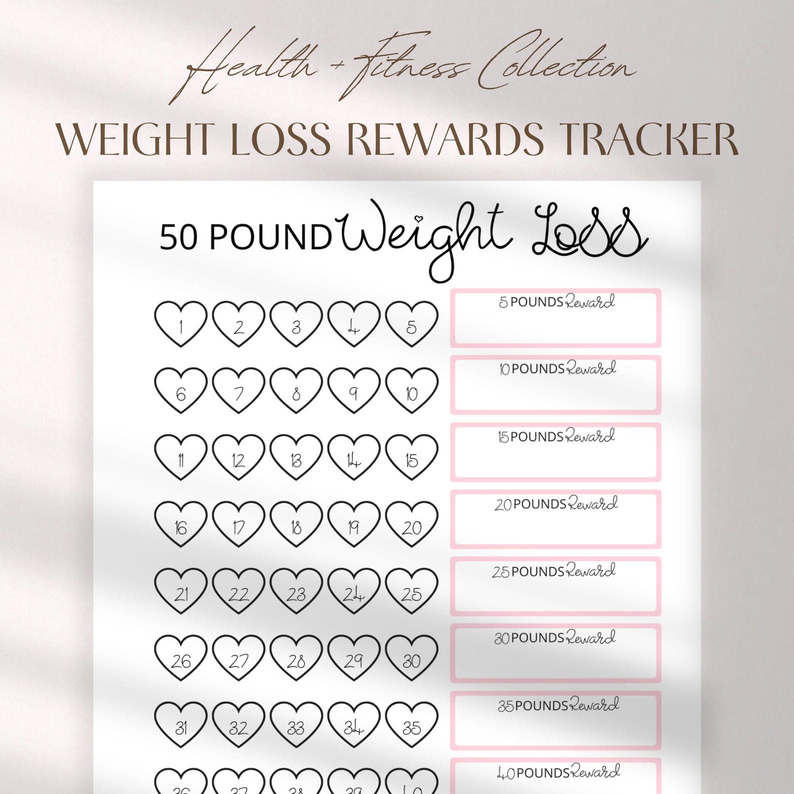 50 Pound Weight Loss Tracker Printable: Pink Rewards Chart (digital ...