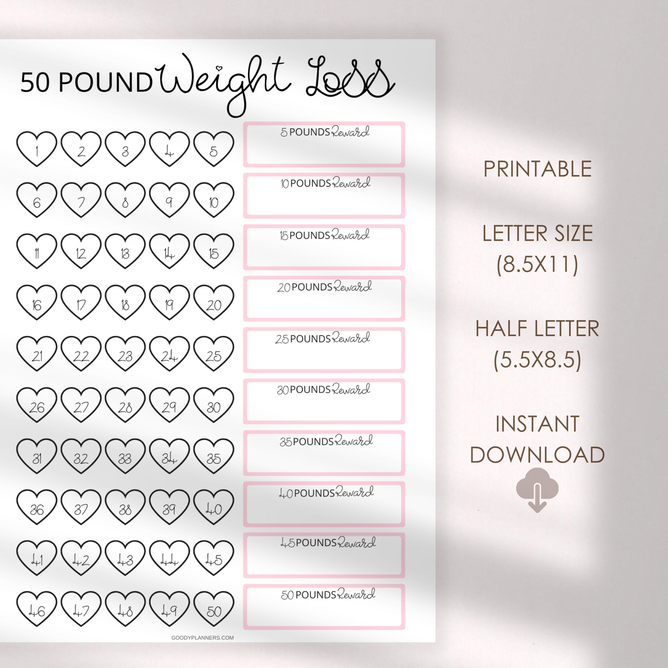 50 Pound Weight Loss Tracker Printable: Pink Rewards Chart (digital ...