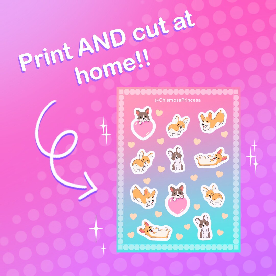 Digital Download, Print and Cut at Home Corgi Sticker Sheet / Kawaii ...
