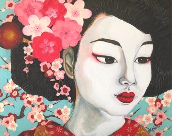Geisha Amidst Cherry Blossoms: Japanese Wall Art Print Framed FCB011 - Etsy