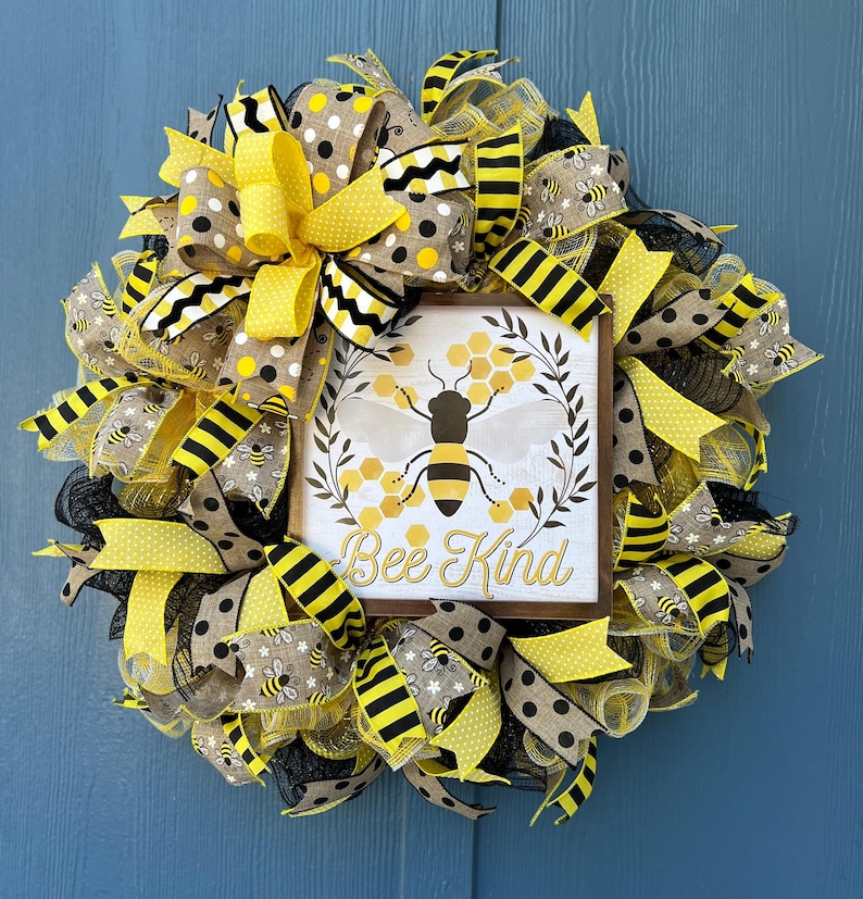 Bee Kind Wreath: Yellow & Black Summer Front Door Decor - Etsy