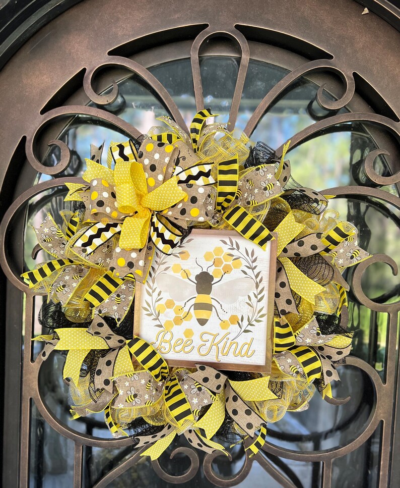 Bee Kind Wreath: Yellow & Black Summer Front Door Decor - Etsy