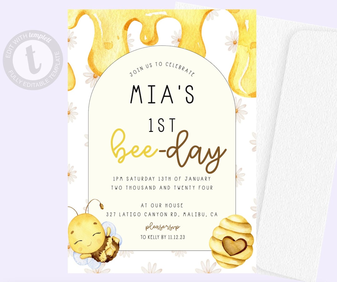 Bee 1st Birthday Invitation Template | Templett Editable Digital Invite ...