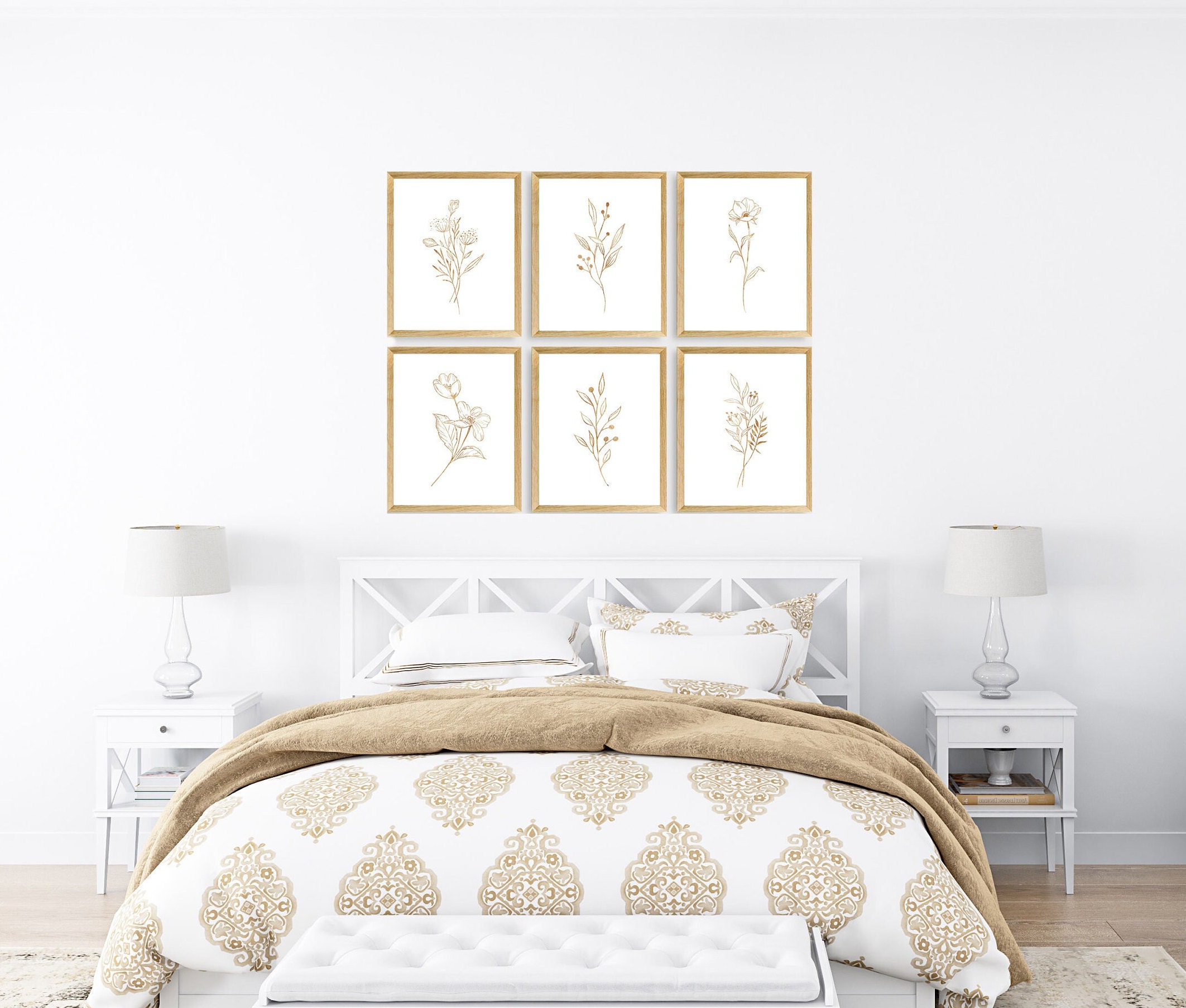 Gold Botanical Art Prints, Printable Wall Art, Set of 6, Gold Floral ...