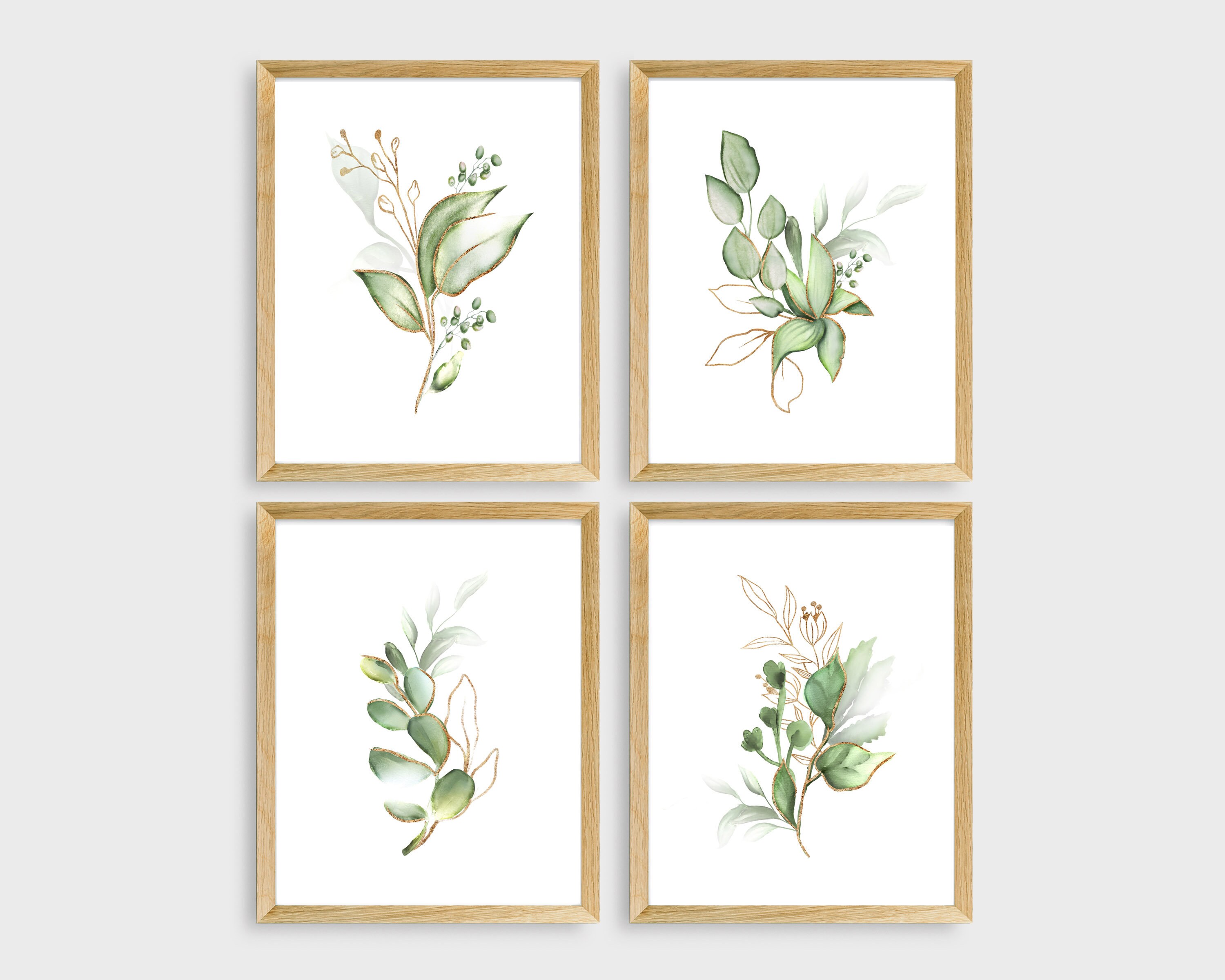 Green, Gold & White Botanical Prints, Set of 4, Floral Wall Art, Home ...