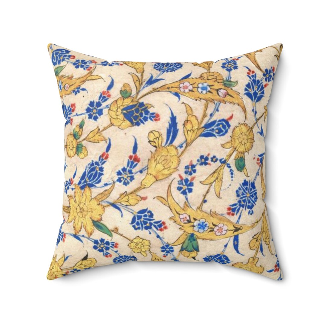 Blue & Gold Floral Print Pillow Cover, Decorative Pillow Cover, Machine ...