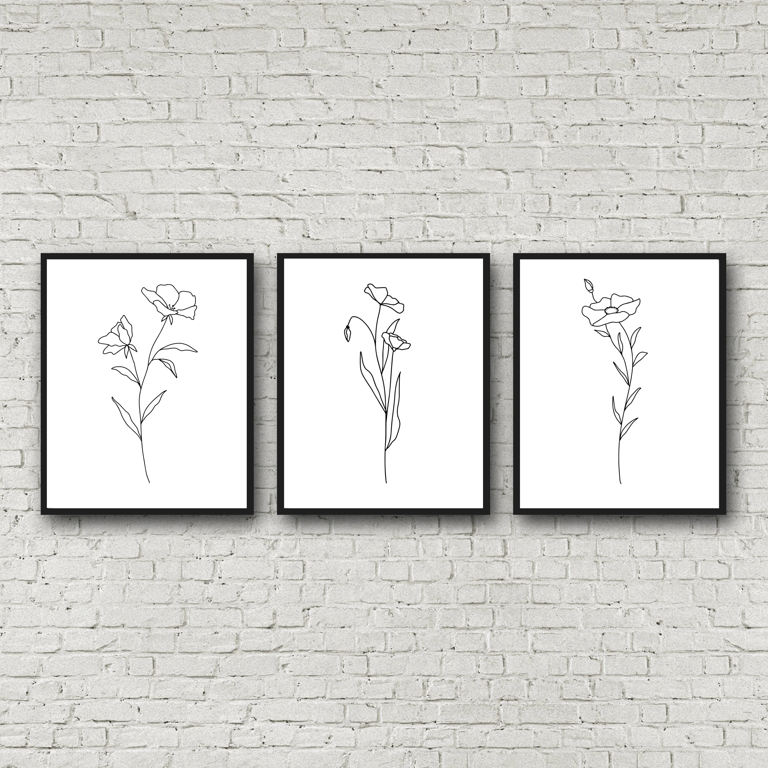 Black Botanical Line Art, Black Floral Wall Art, Set of 3, Home Decor ...
