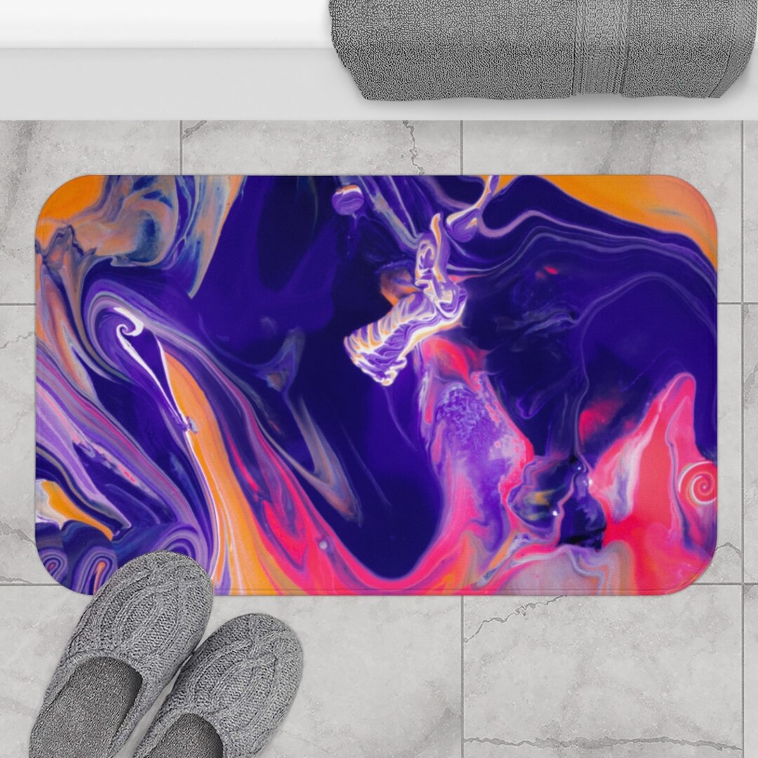Vibrant Abstract Print Bath Mat, Multi-colored, Paint Flow Print Bath ...