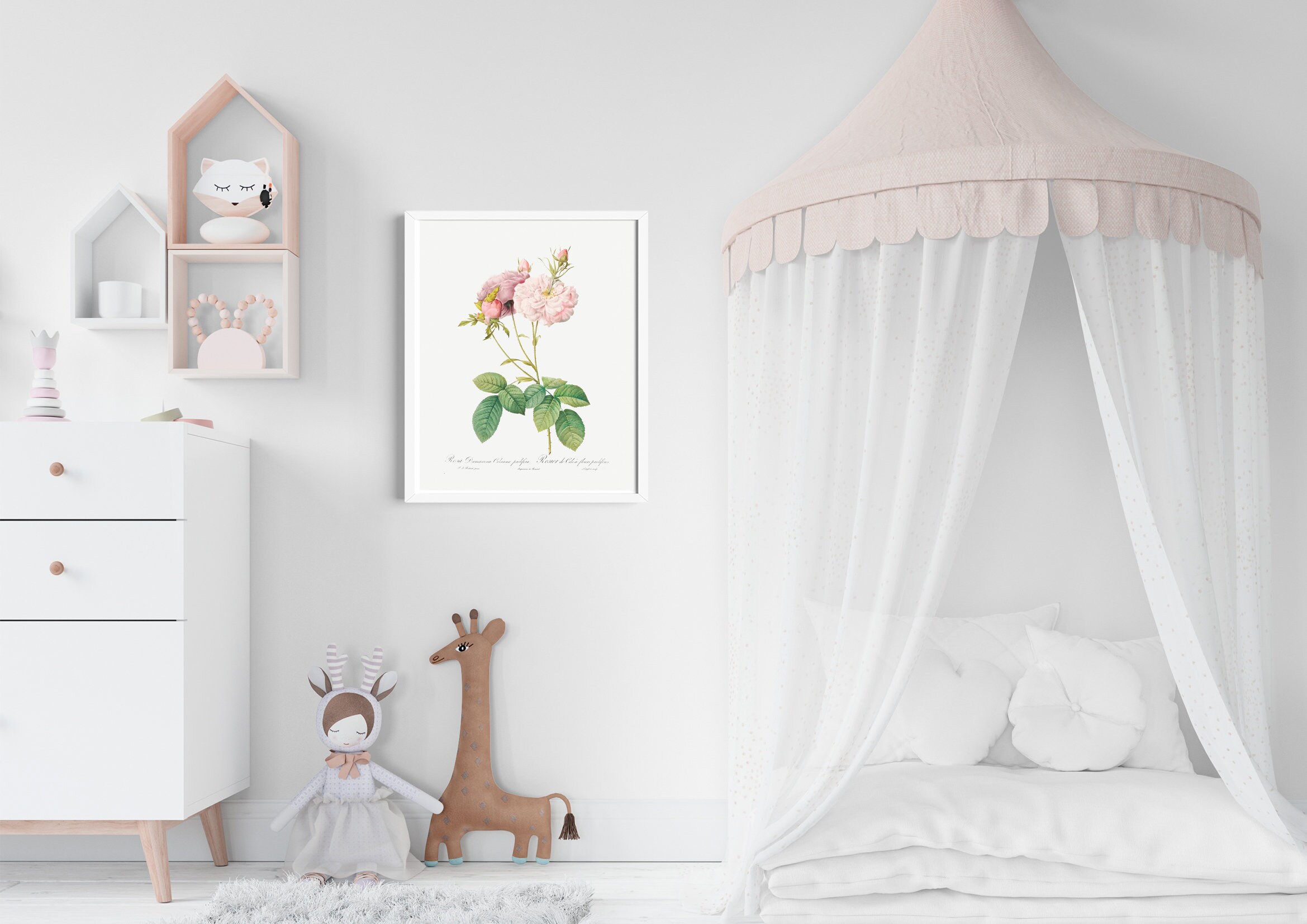 Vintage Rose Illustration, Pink Damask Roses, Fine Art Print, Wall Art ...