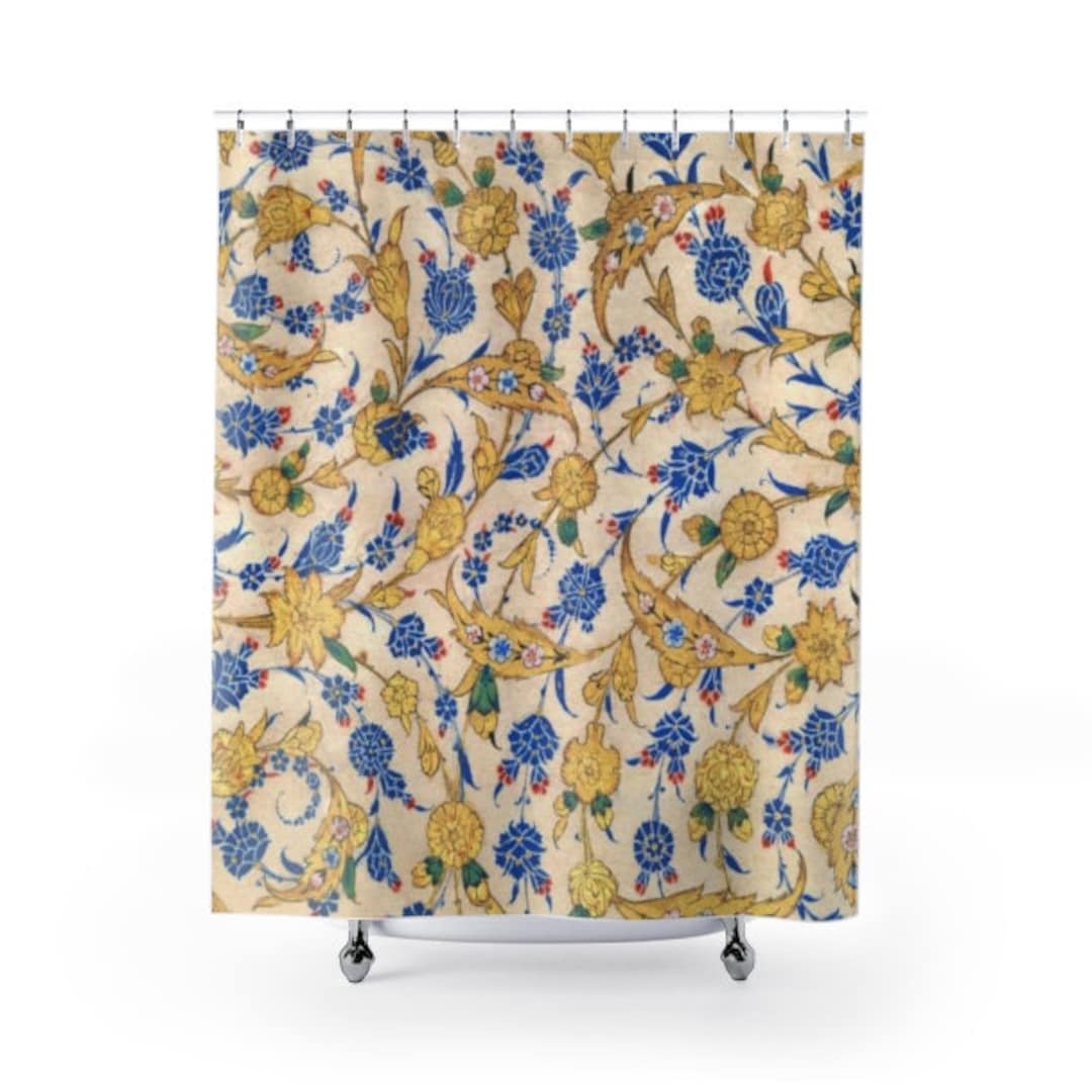 Blue & Gold Floral Print Shower Curtain, Bathroom Decor, Machine Wash ...