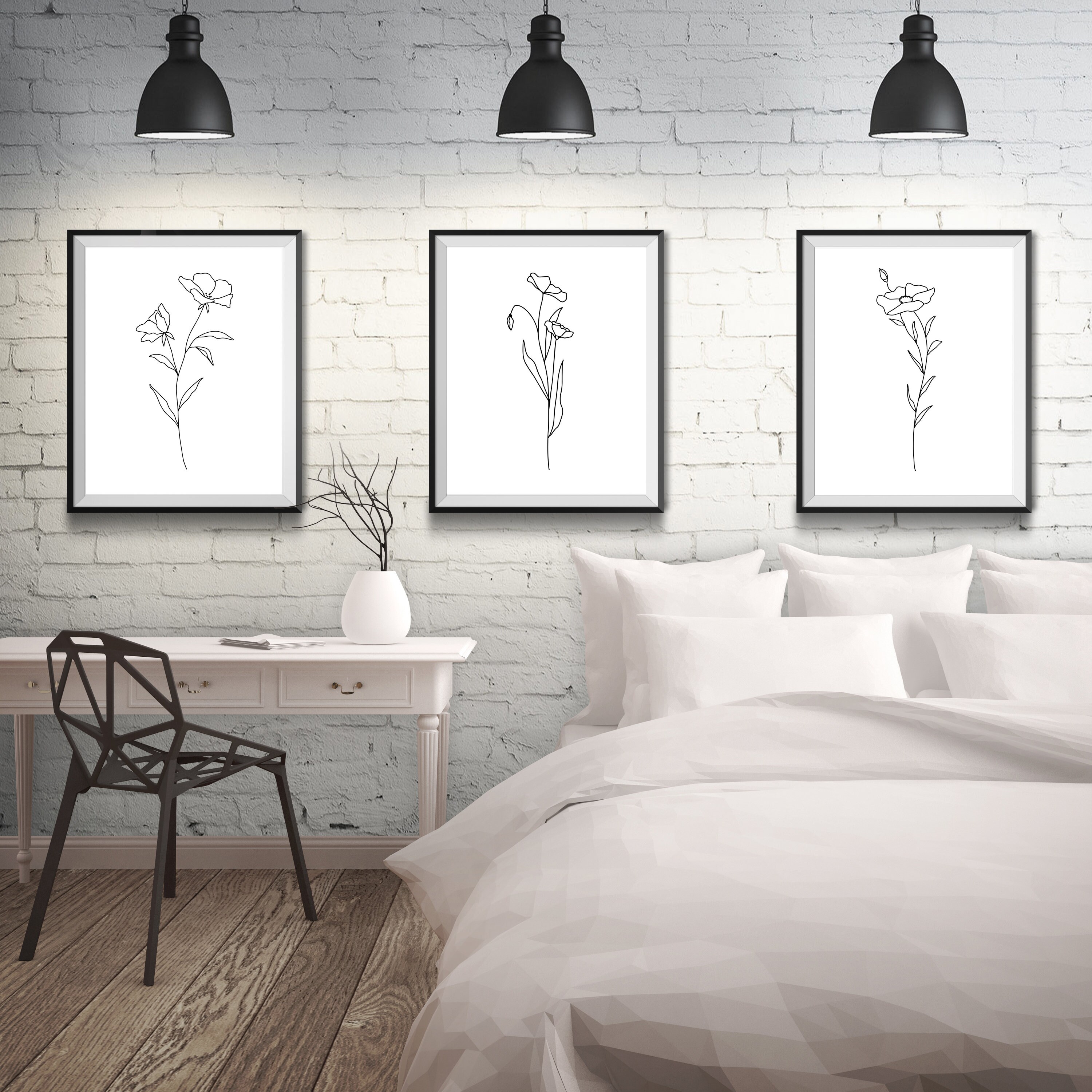 Black Botanical Line Art, Black Floral Wall Art, Set of 3, Home Decor ...