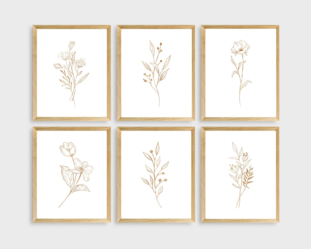 Gold Botanical Art Prints, Printable Wall Art, Set of 6, Gold Floral ...