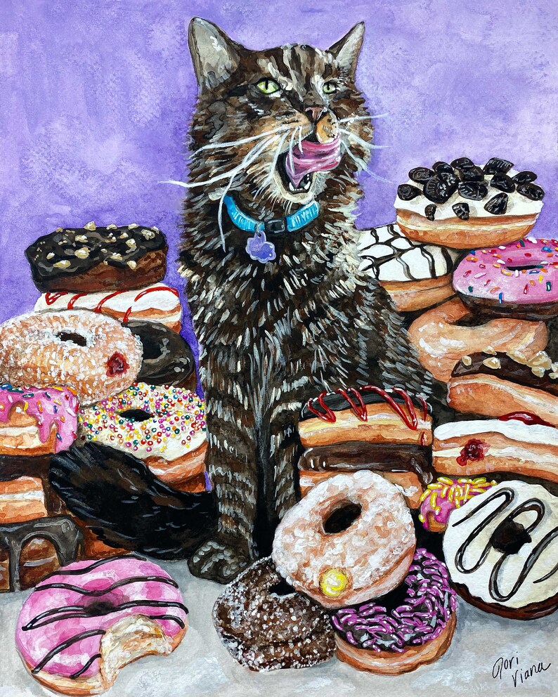Cat and Donut Art - Brown Tabby Stacks of Doughnut Art - Sprinkle Donut ...