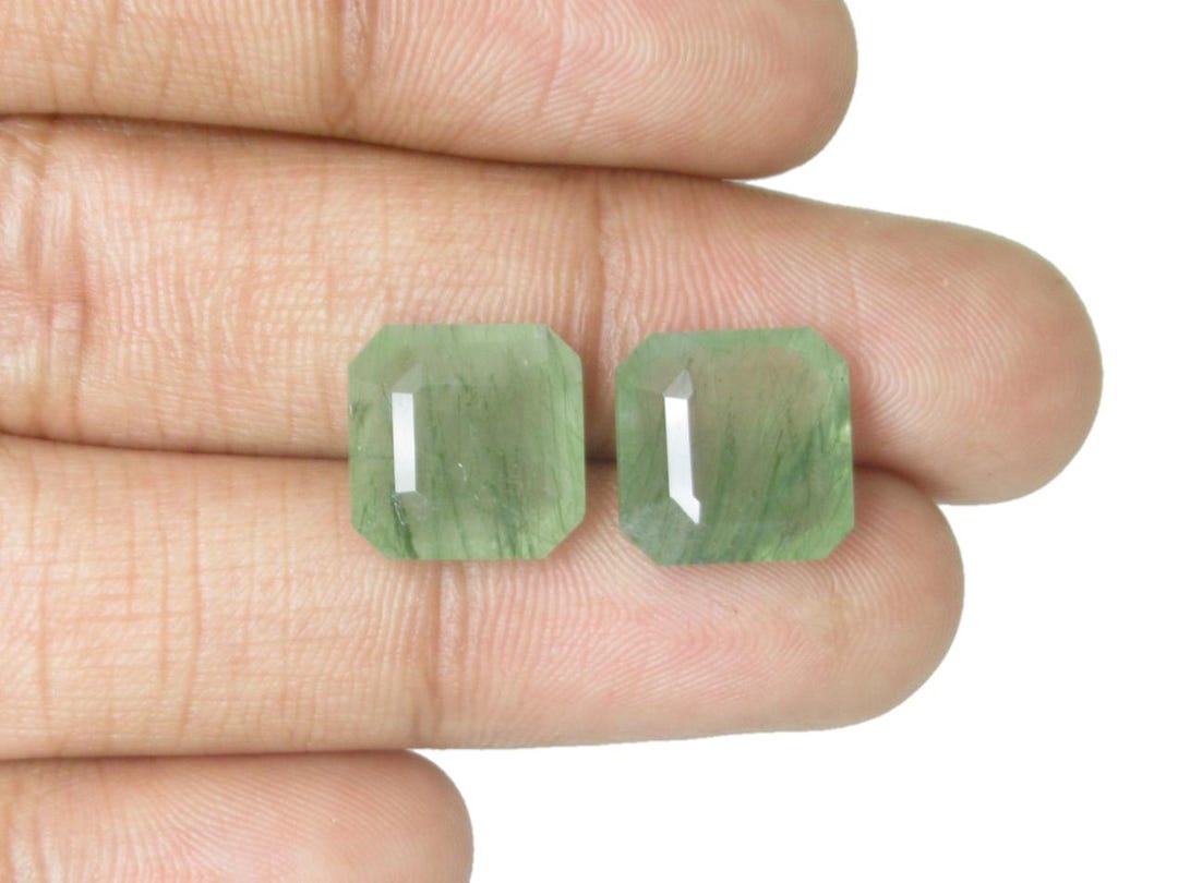 Natural Green Rutilated Quartz Gemstones, Emerald Shape Faceted Cut ...