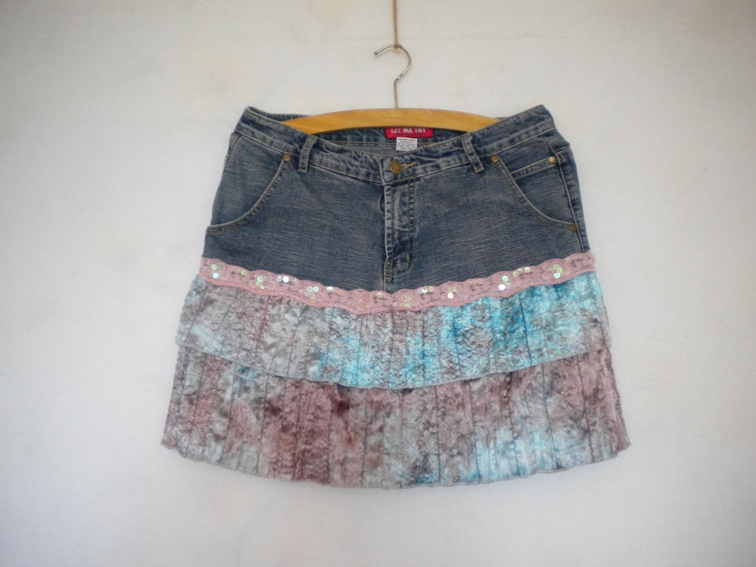 Vintage Denim Skirt, Ruffled Jean Skirt, Hippie Mini Denim Skirt, Gypsy ...
