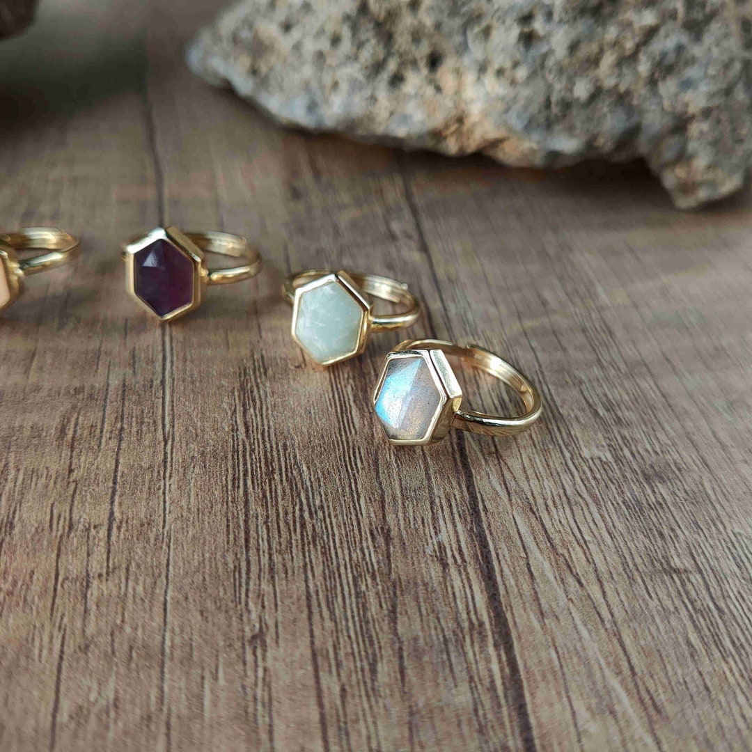 Adjustable Gemstone Ring Hexagon Shape Gold Plated Brass Healing ...