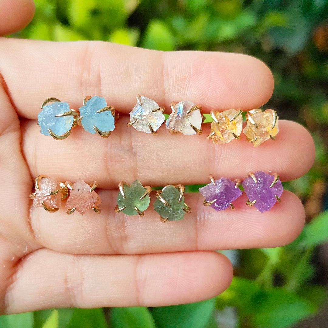 Small Claw Raw Gemstone Gold Stud Earrings Real Quartz Birthstone ...