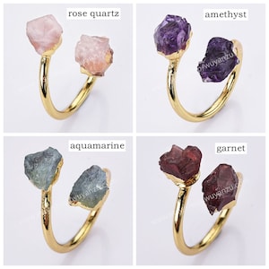 Adjustable Double Raw Gemstone Ring Gold Plated Birthstone Ring Healing Crystal Ring Amethyst ...