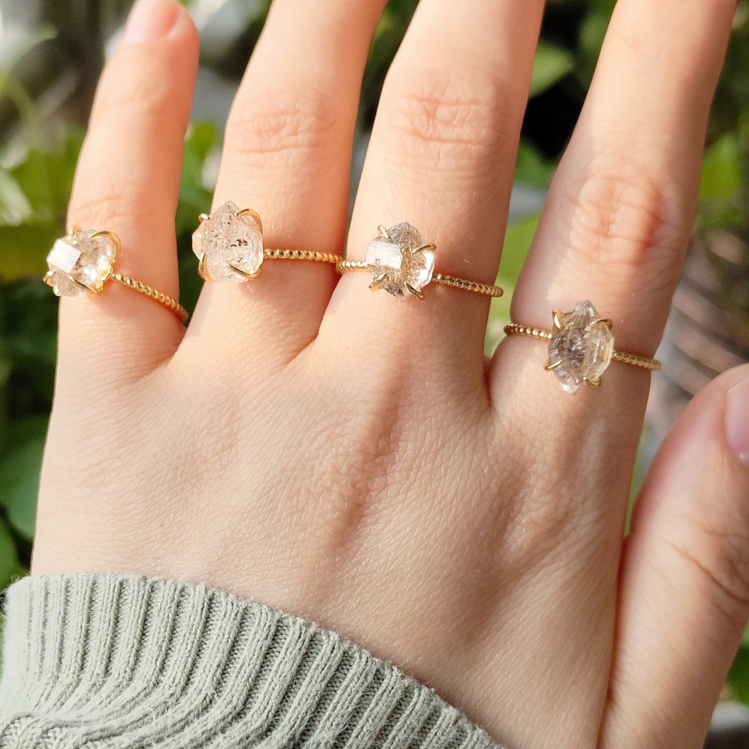 Gold Claw Herkimer Diamond Ring Raw Herkimer Quartz Ring April Birthstone Ring Healing Crystal ...