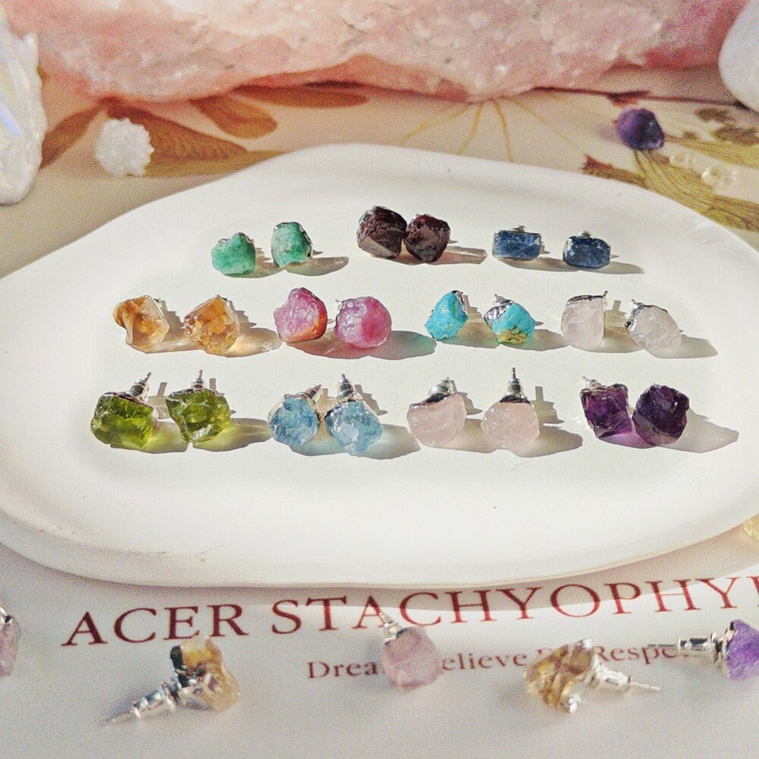 Small Silver Raw Gemstone Stud Earrings Emerald Aquamarine Healing ...