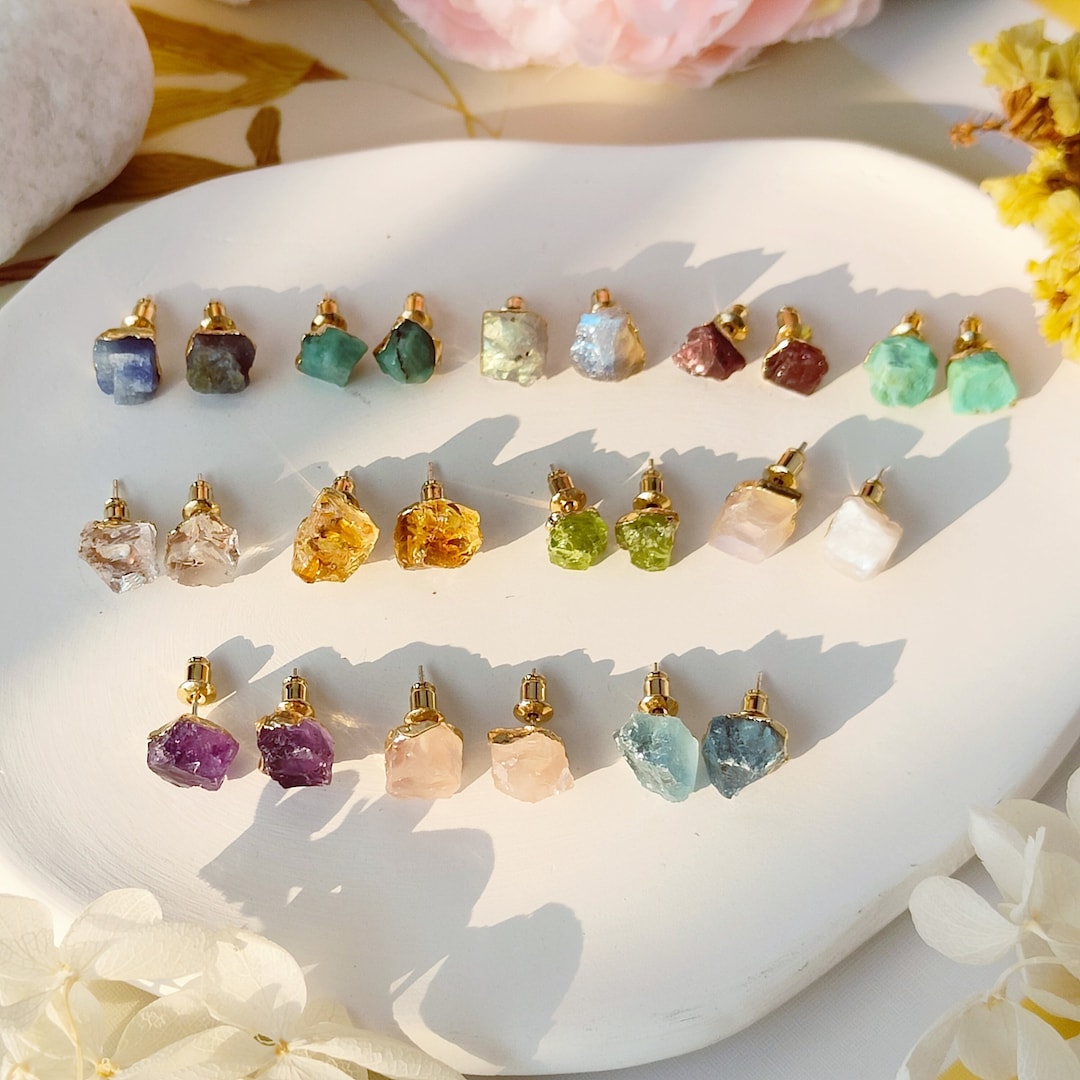 Small Raw Gemstone Stud Earrings Rose Quartz Earring Aquamarine ...