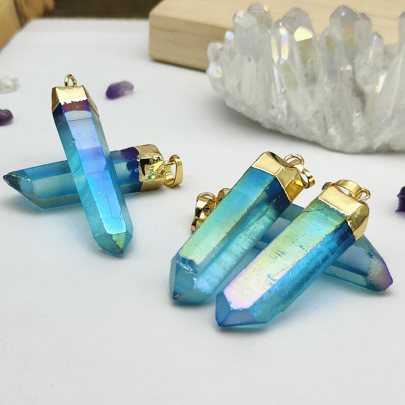 Raw Light Aqua Aura Quartz Point Pendant Gold Plated Blue Aura Quartz ...