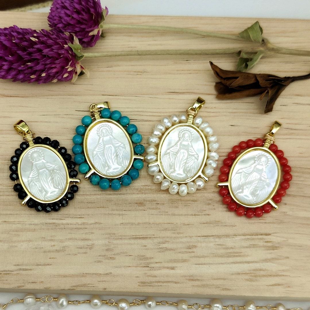 Virgin Mary Shell Pendant: Gold Plated Bezel, Gemstone Beads - Etsy