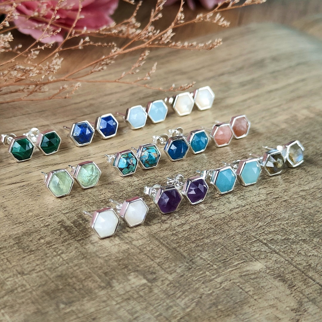 Small Silver Hexagon Gemstone Stud Earrings Rose Quartz Healing Crystal ...