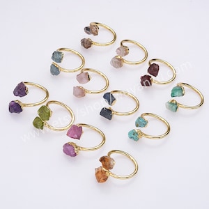 Adjustable Double Raw Gemstone Ring Gold Plated Birthstone Ring Healing Crystal Ring Amethyst ...
