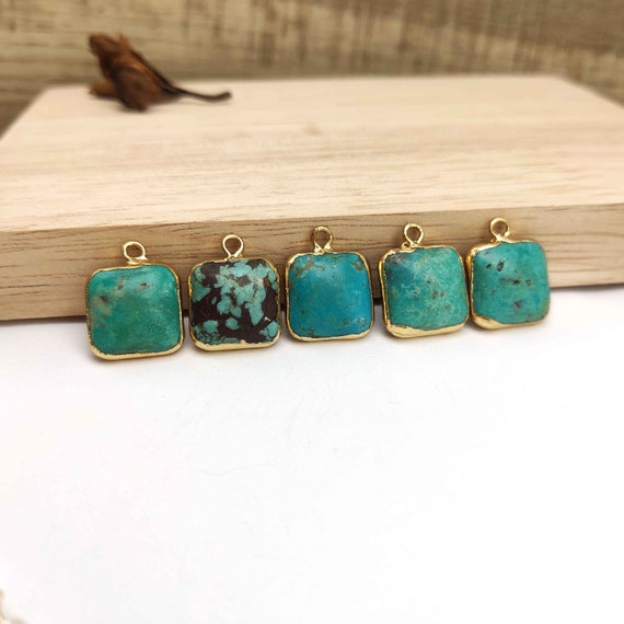 Small Natural Turquoise Square Charms Gold Plated Brass Single | Etsy