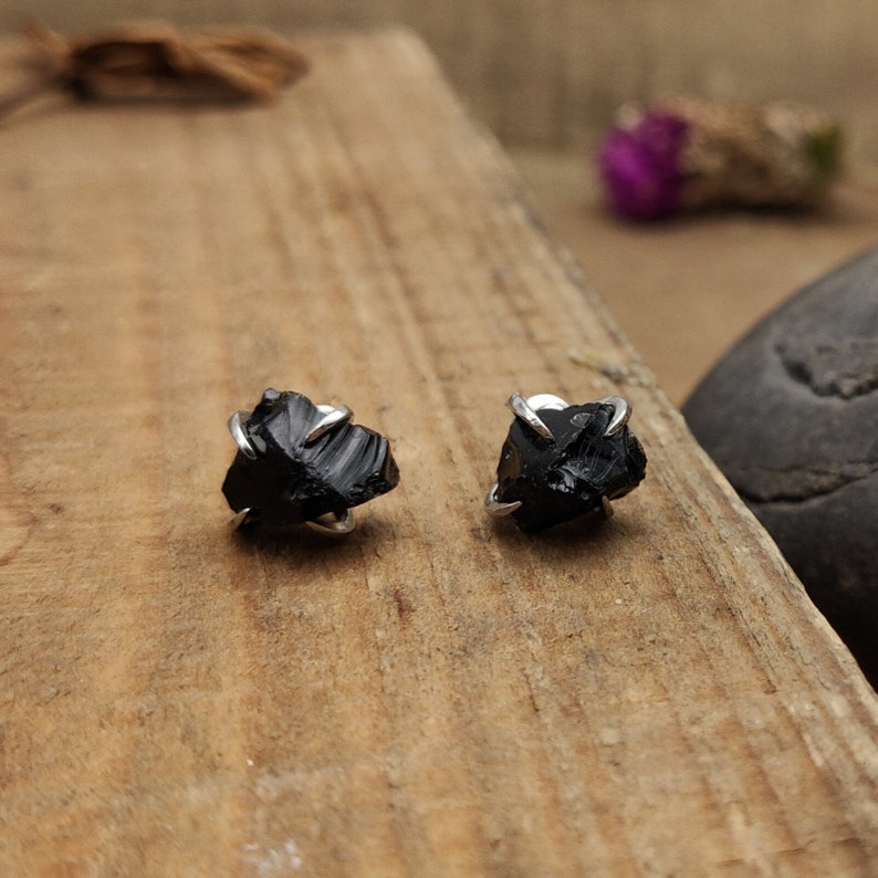 Small Raw Black Obsidian Stud Earrings Obsidian Quartz Earring | Etsy