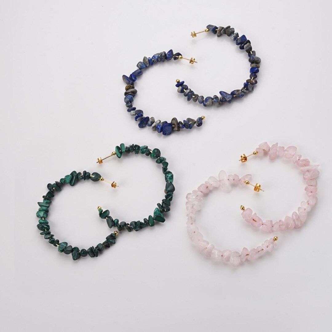 Raw Gemstone Chips Big Hoop Earring Rose Quartz Earring Malachite Lapis ...