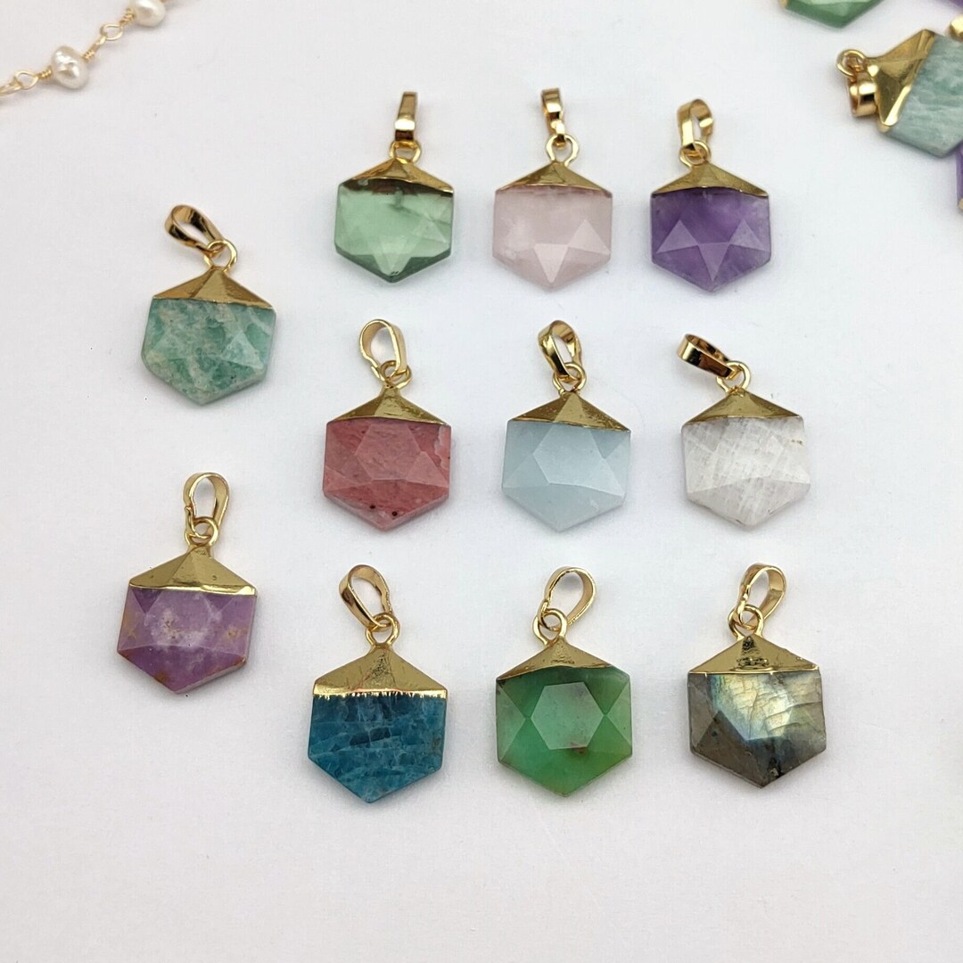 Gold Plated Hexagon Gemstone Pendant: Natural Crystal Charm, Briolette ...