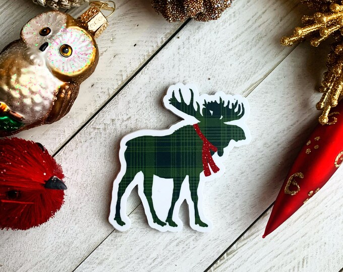 Holiday Plaid Moose Sticker -- Christmas Buffalo Plaid Moose Sticker ...