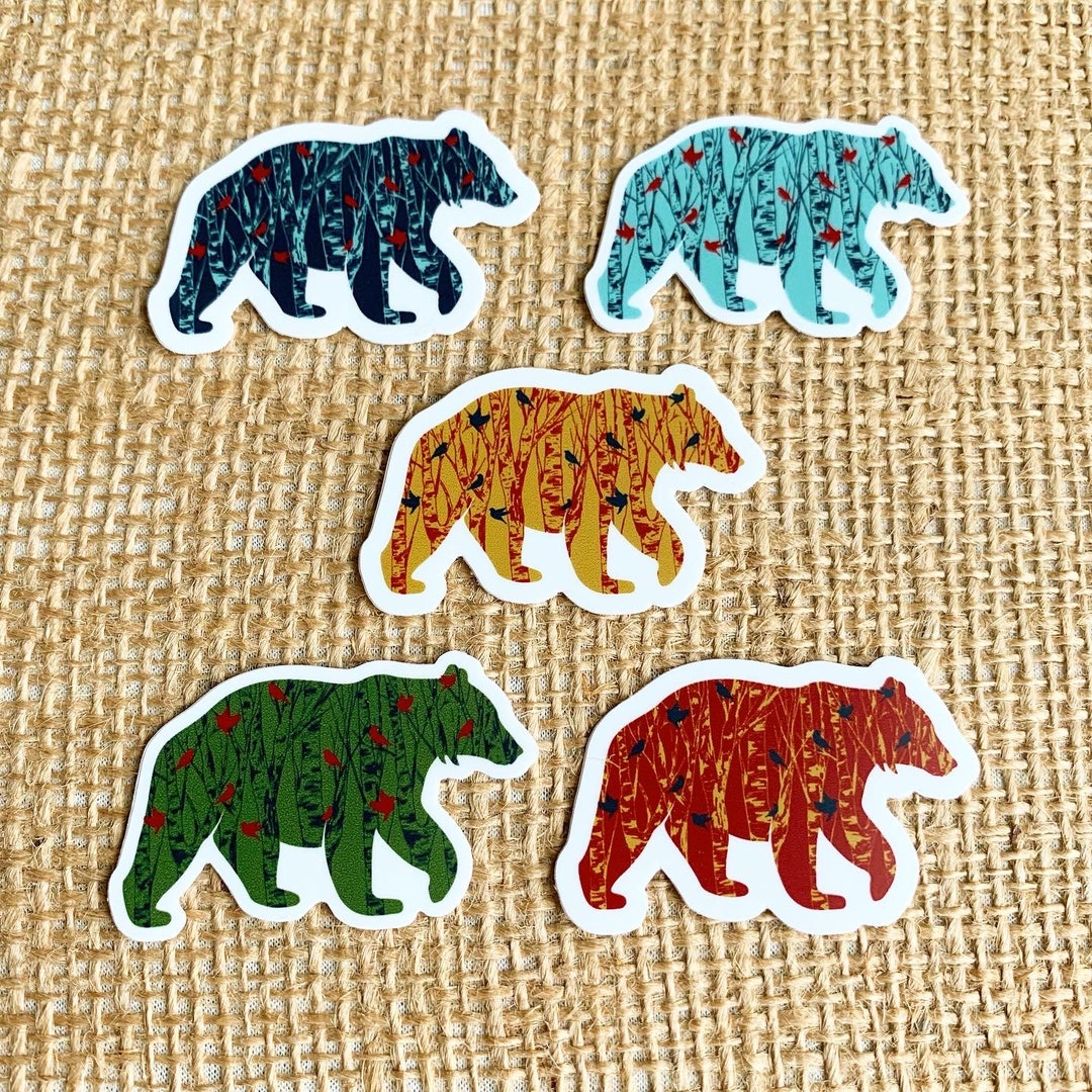 Bears With Birch Trees and Birds Stickers -- Mini Bears Stickers ...