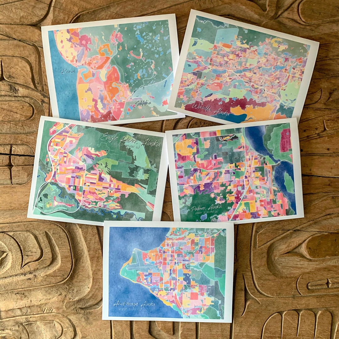 Alaska Watercolor Map Cards -- Hand Drawn and Illustrated Alaska City ...
