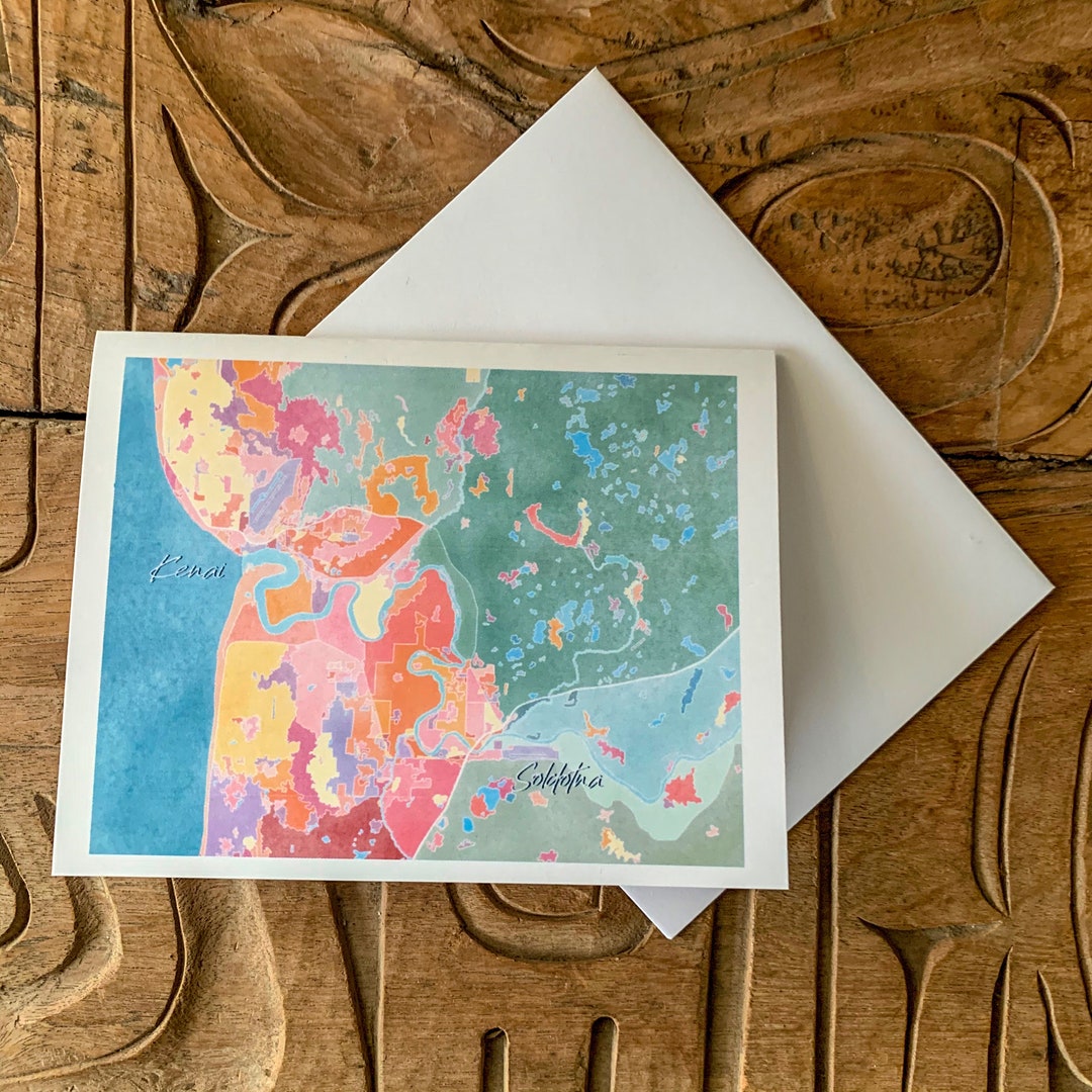 Kenai and Soldotna, Alaska Watercolor Map Greeting Card -- Hand Drawn ...