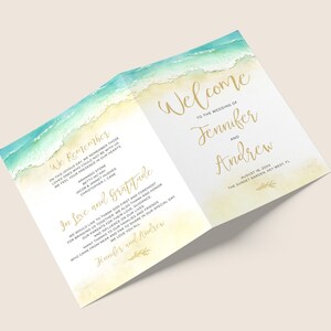 Beach Tropical Seashore Bi-fold Wedding Program Template, Printable Folded Wedding Program ...