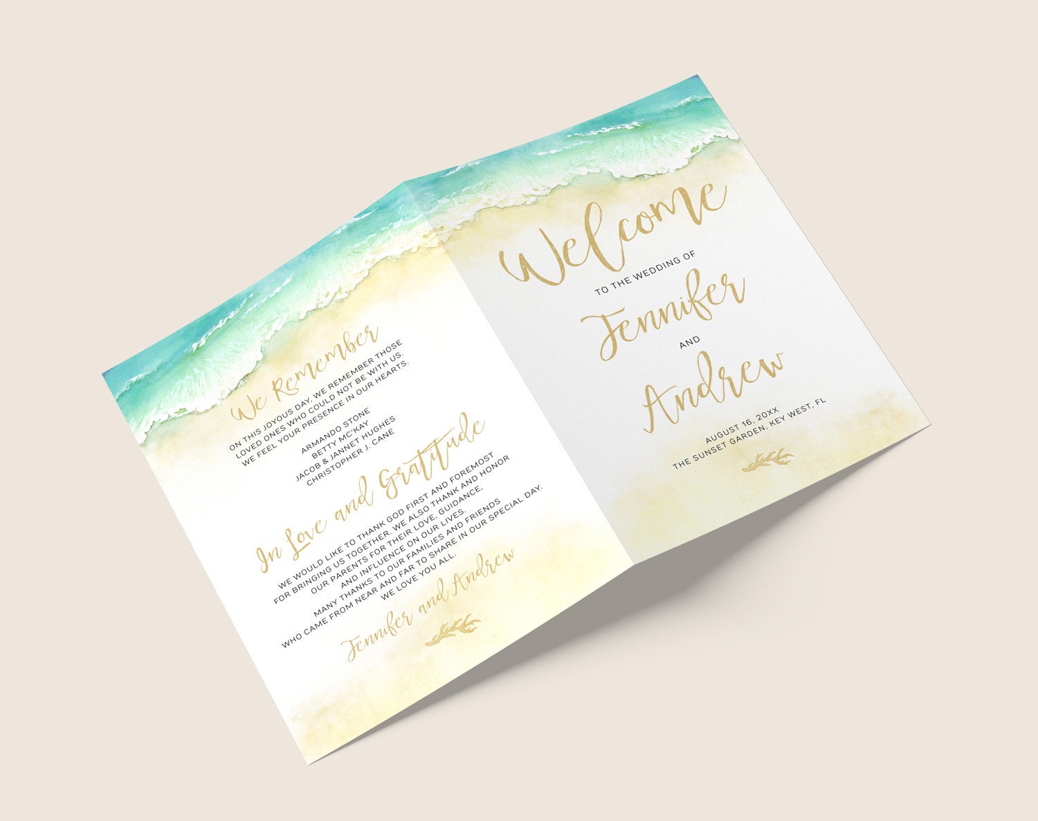Beach Tropical Seashore Bi-fold Wedding Program Template - Etsy
