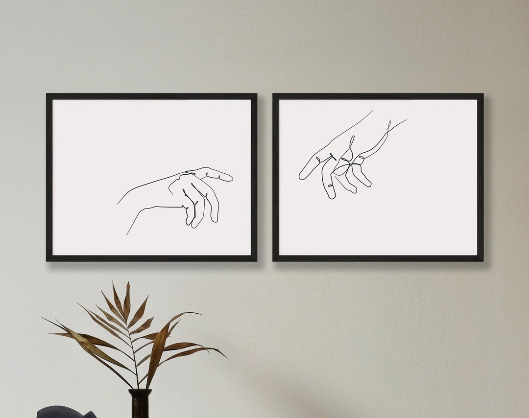 Touching Hands Set of 2 Printable, Touching Fingers Drawing, One Line ...