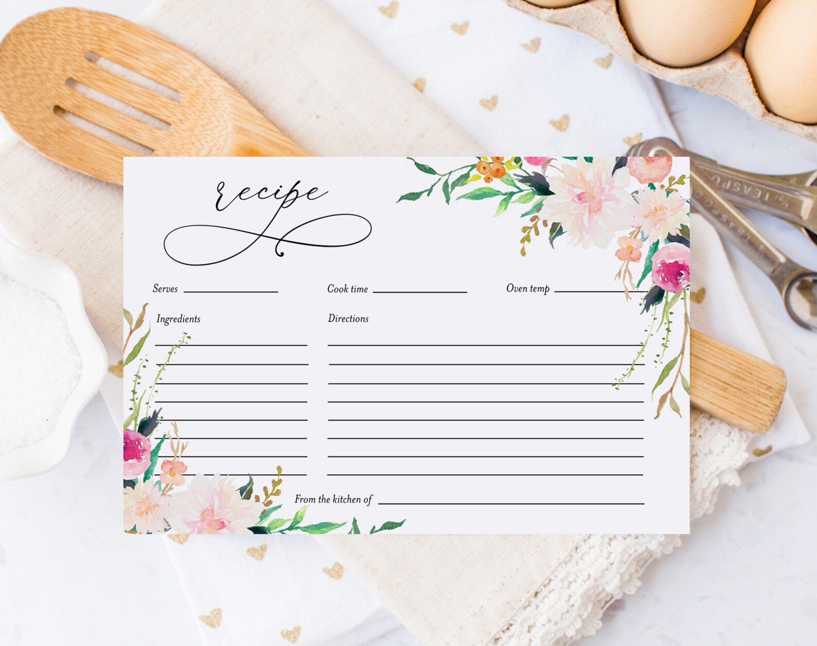 Watercolor Floral Recipe Card Printable 4x6 Recipe Cards | Etsy