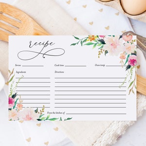 Watercolor Floral Recipe Card, Printable 4x6 Recipe Cards, Bridal ...