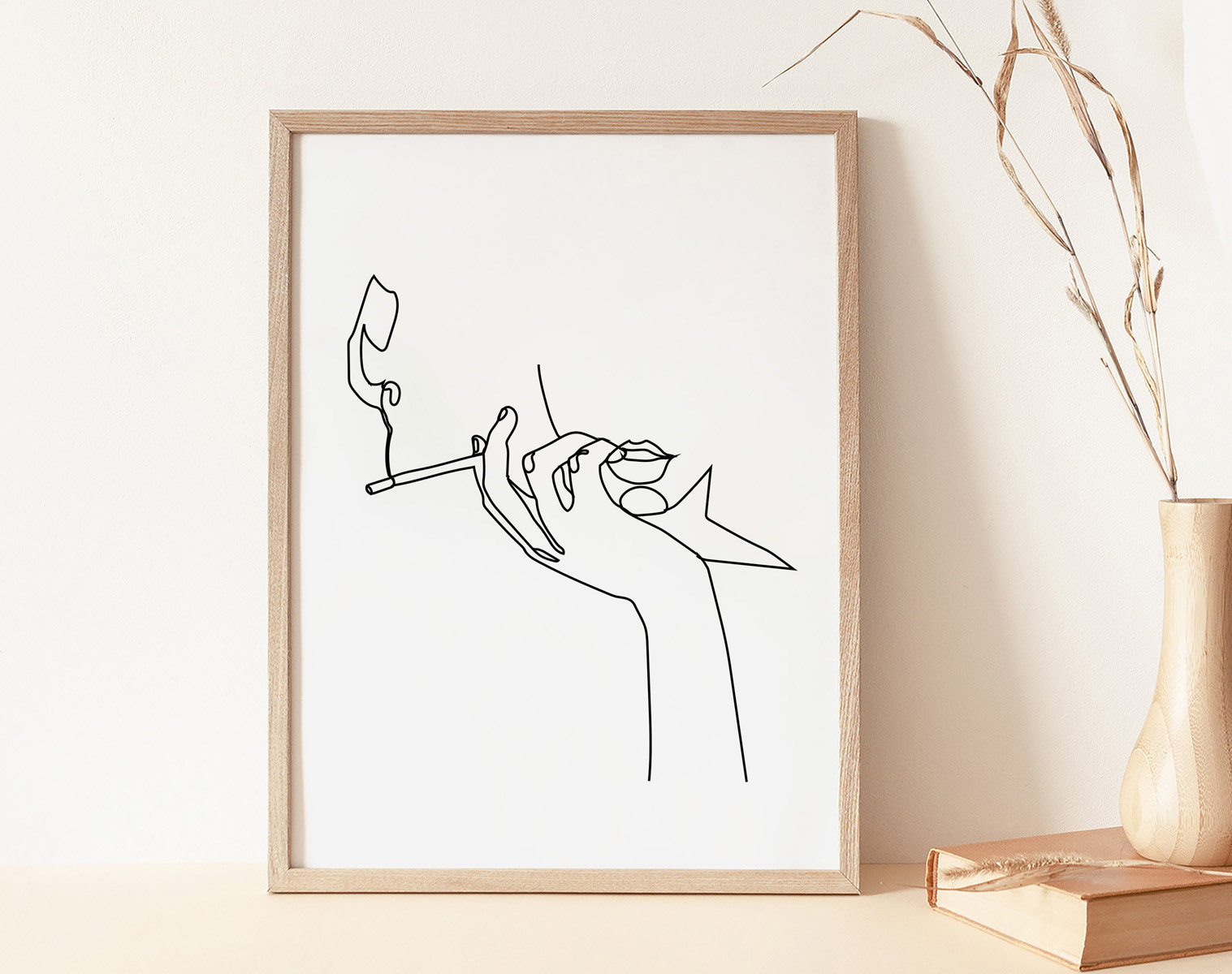 A Woman Smoking Cigarette Line Drawing Print, Black and White, One Line ...