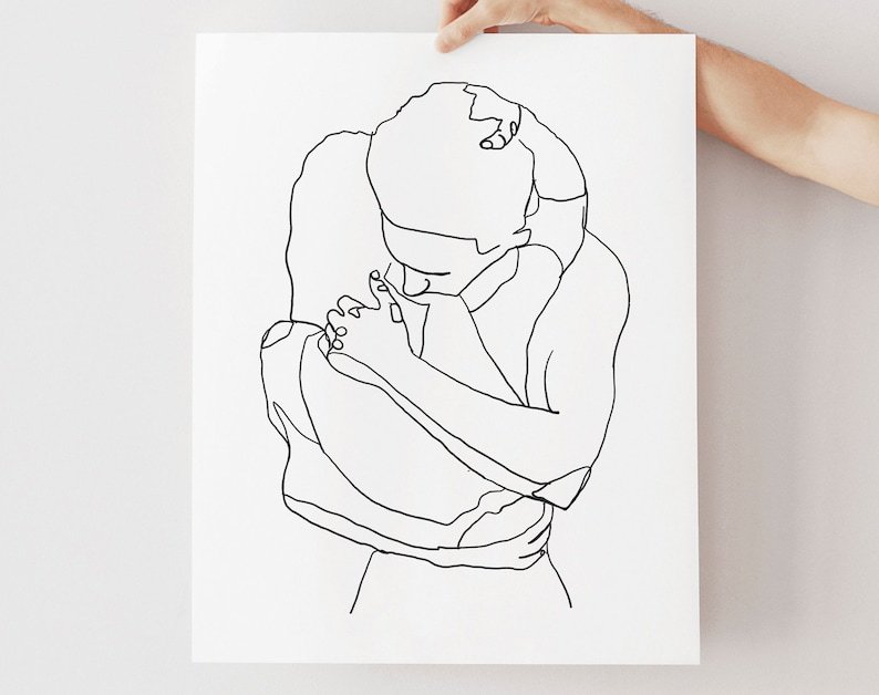 Couple Hug Line Drawing Print Black And White Single Etsy