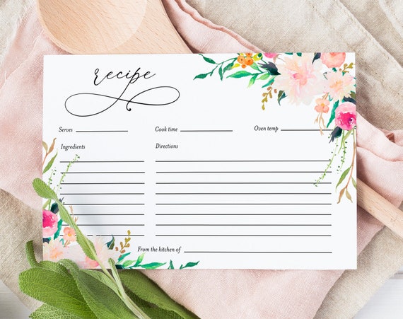 Watercolor Floral Recipe Card Printable 4x6 Recipe Cards | Etsy