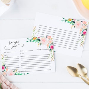 Watercolor Floral Recipe Card, Printable 4x6 Recipe Cards, Bridal ...