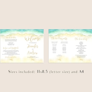 Beach Tropical Seashore Bi-fold Wedding Program Template, Printable Folded Wedding Program ...