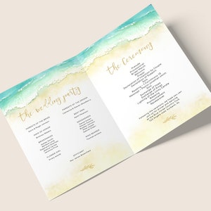 Beach Tropical Seashore Bi-fold Wedding Program Template, Printable Folded Wedding Program ...